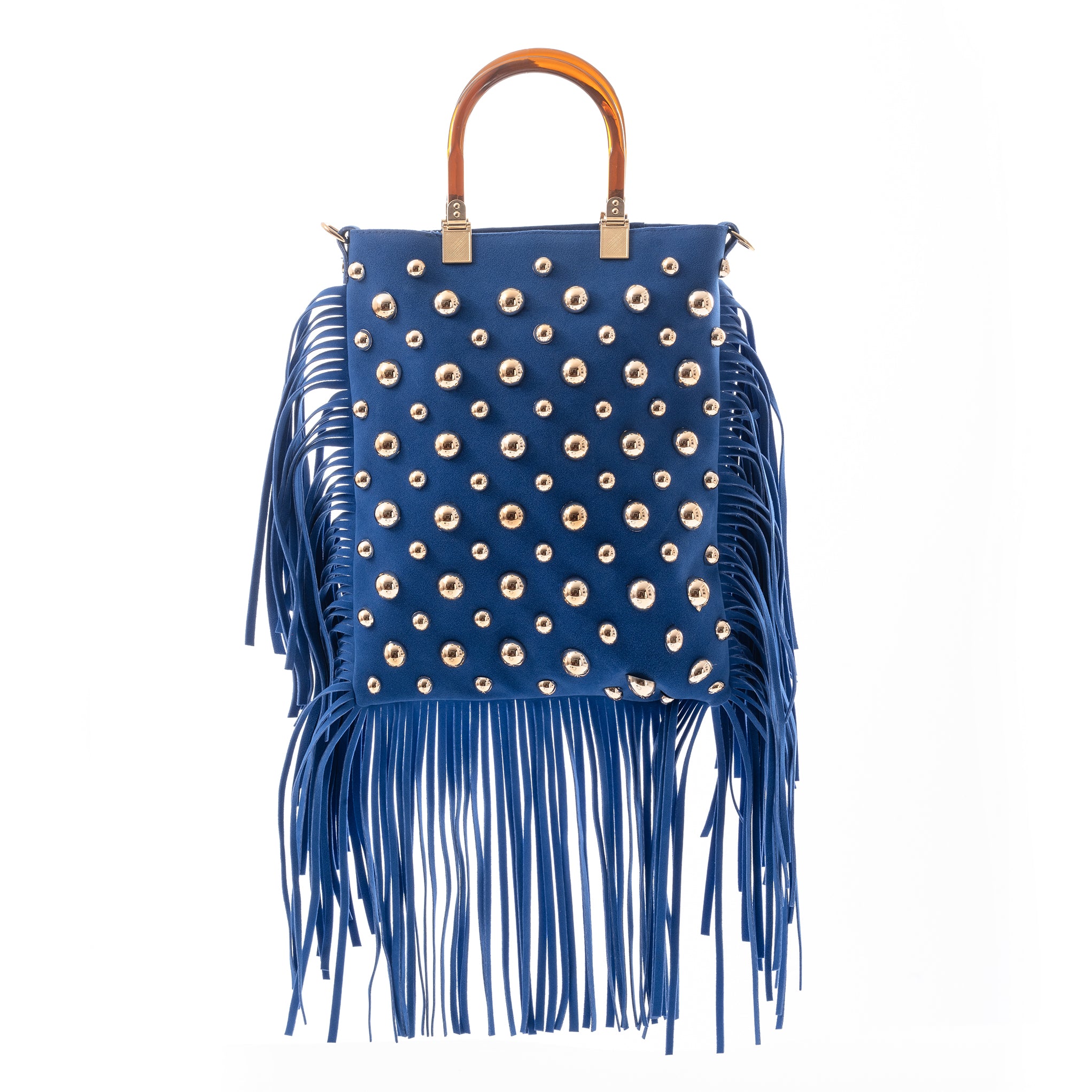 Boho-Glam Fringe & Studs Bag with Bamboo Handle - Royal Blue | Made in ...